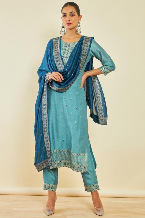 Buy Soch Powder Blue Viscose Blend Suit Set With Embroidery And Sequins ...