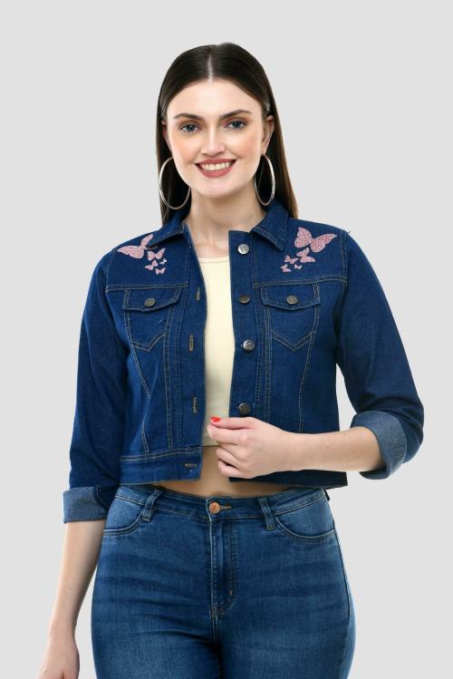 Buy Montrez Women Dark Blue Printed Denim Single Jacket Online at Best ...