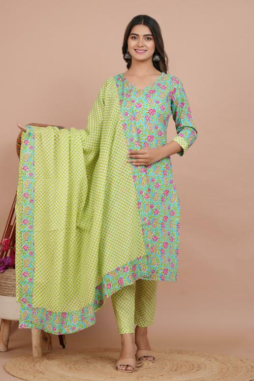 Buy Erish Women' s Cotton floral Printed Kurta Pant set with Dupatta Online at Best Prices in ...