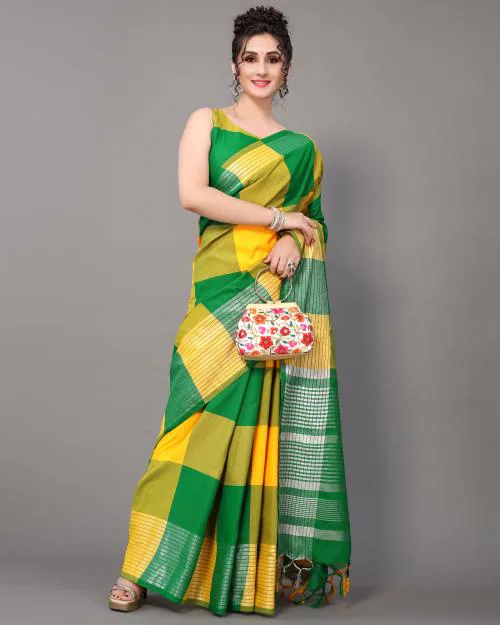 Buy Ruchika Fashion Yellow Cotton Blend Checks Saree With Blouse ...
