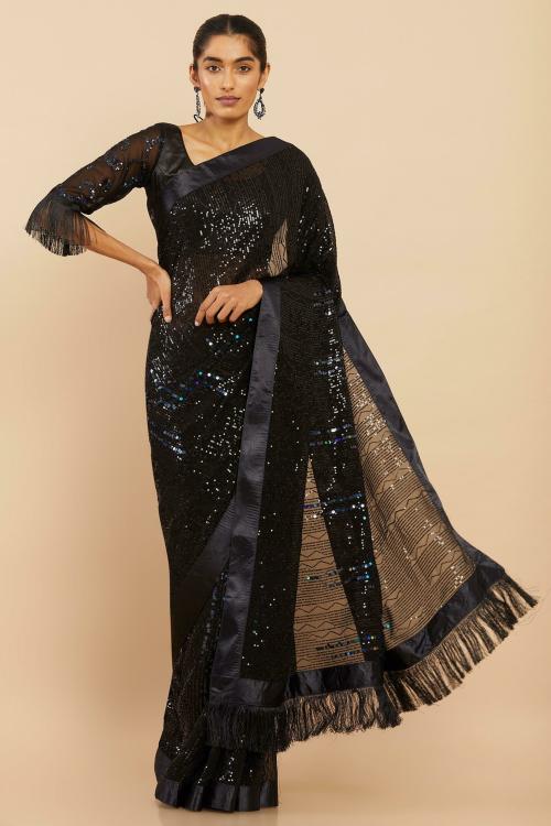 Buy SOCH Women Black Embellished/Sequined Single Saree (Free Size ...