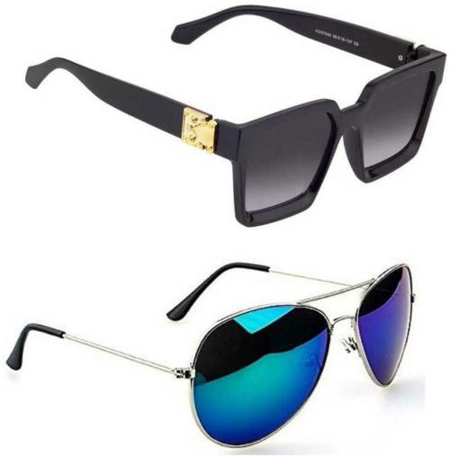 Buy RMKK Retro Square, Aviator Sunglasses (For Men & Women, Blue, Black ...