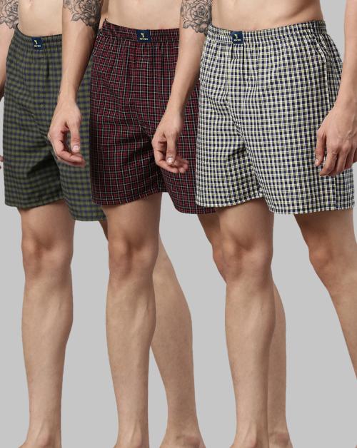 Buy Joven Men's Multicolor Checkered Pure Cotton Pack of 3 Boxers ...
