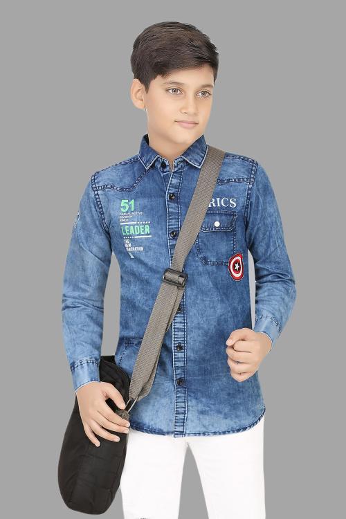 Buy Fashion Grab Boys Light Blue Printed Denim Shirt Online at Best ...