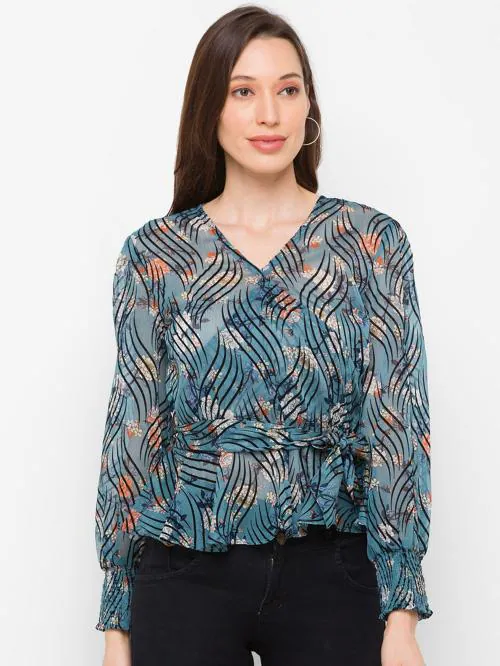 Buy GLOBUS Women Powder Blue Printed Polyester Top Online at Best ...