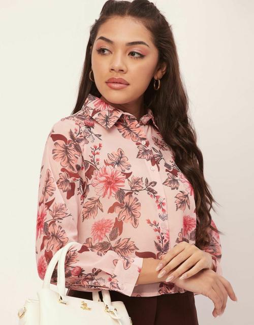 Buy Moomaya Printed Button Down Collared Sheer Shirts, Long Sleeve High ...