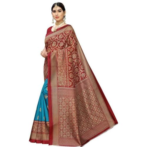 Buy Marabout Women's Beautiful Teal And Red Colour Mysore Silk Saree ...