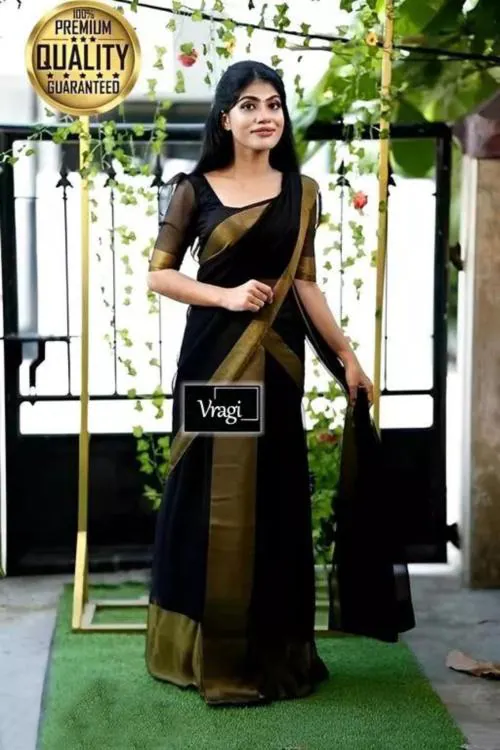 Buy Vragi's Traditional Plain Chiffon Saree With Golden Zari Border Online at Best Prices in ...