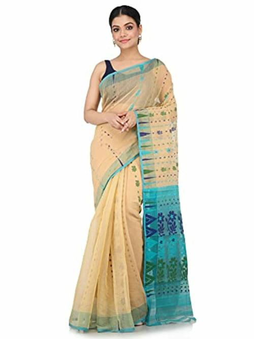 Buy PinkLoom Women Beige Handloom Pure Cotton Jamdani Saree Without Blouse Piece Online at Best ...