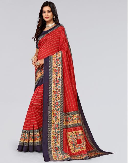 Buy Siril Poly Silk Red & Blue Color Saree with Blouse piece Online at ...