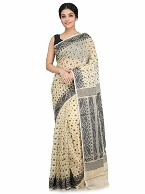 Buy PinkLoom Women Beige Woven Pure Cotton Jamdani Saree without Blouse Piece Online at Best ...