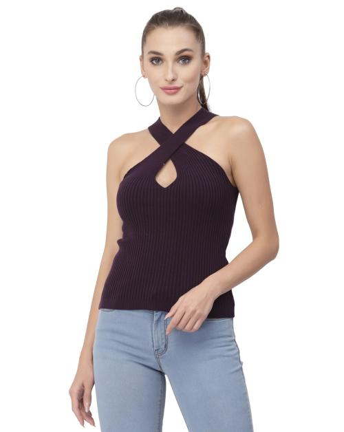 Buy Kalt Women Purple Halter Neck Knitted Ribbed Cotton Top Online at ...