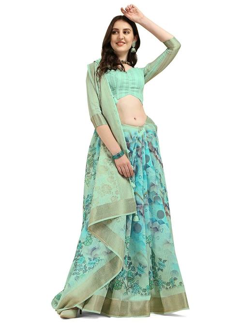 Buy Dungrani Turquoise Floral Cotton Silk Women Saree With Blouse Pic ...