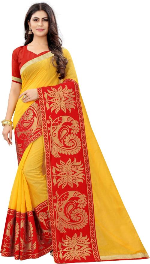 Febo Fashion Women Yellow Woven Design Cotton Blend Single Saree - JioMart