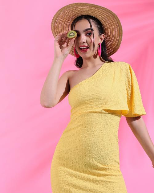 Buy Campus Sutra Women's Solid Yellow One-Shoulder Dress With Ruffle Detail Online at Best ...