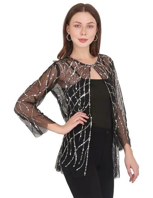 Buy UNFAKENOW Women Black Embellished Net Shrug (S) Online at Best ...