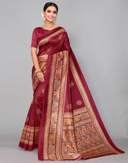 Buy Siril Poly Silk Maroon Color Saree with Blouse piece | sarees for ...