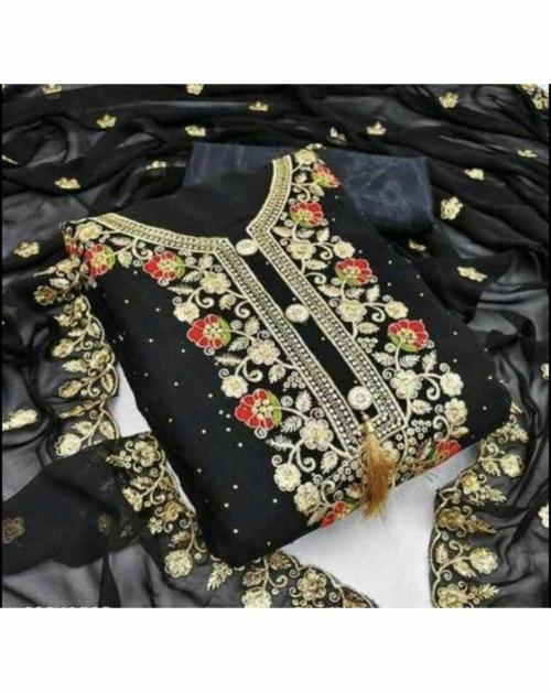 Buy ICCIT FAL Women Black Embroidered Faux Georgette Salwar Suit ...