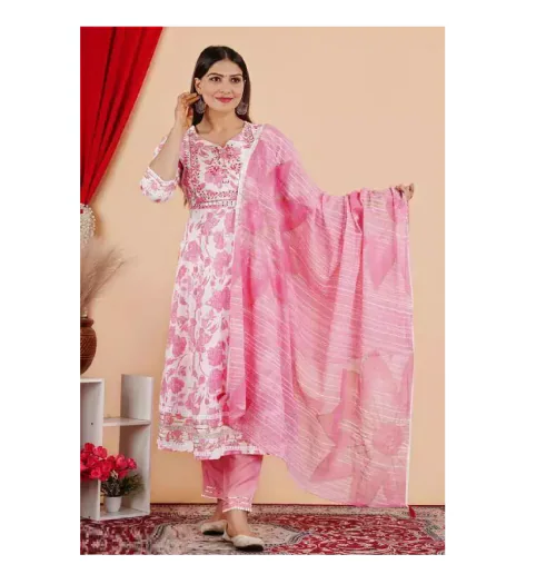 Buy BADRIKA Women Pink rayon Embroided Kurti with pant and dupatta ...
