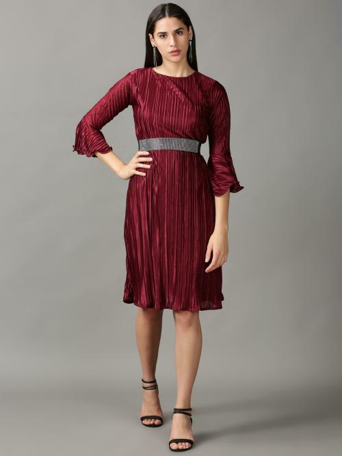 Buy SHOW OFF Women's Burgundy Solid Polyester A-Line Dress Online at ...