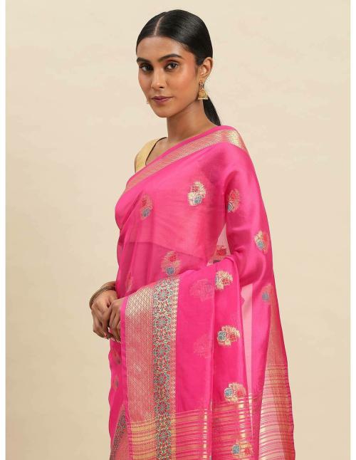 Buy Indian Women Women Organza Silk Top Dyed Silk Rani Color Saree ...