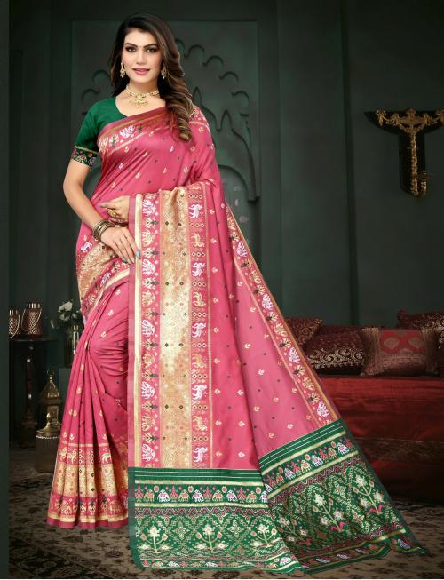 Buy SWIFFIN Trending Litchi Silk Patola Pink & Green Saree For Women ...
