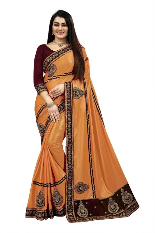 Buy N V Patel Women Orange Embroidered Silk Blend Bollywood Saree ...