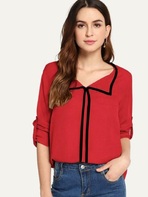 Buy Fabrange Contrast Binding Roll Tab Sleeve Red Top Online at Best ...