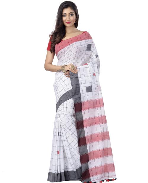 Buy Ruuprekha Women's Pure Cotton Checkered White Saree with Blouse ...