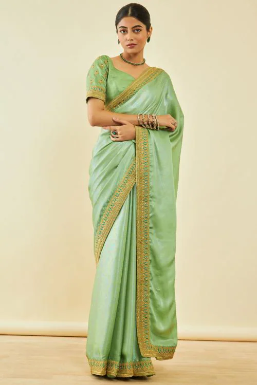 Buy Soch Womens Light Green Chiffon Self Print Saree With Zari Online ...
