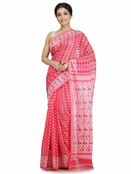 Buy PinkLoom Women Pink Woven Pure Cotton Jamdani Saree without Blouse Piece Online at Best ...