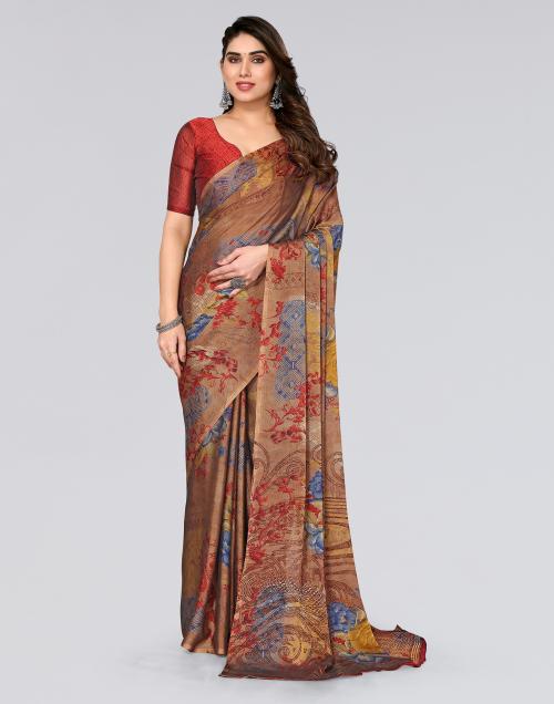 Buy Siril Chiffon Brown Color Saree with Blouse piece Online at Best ...