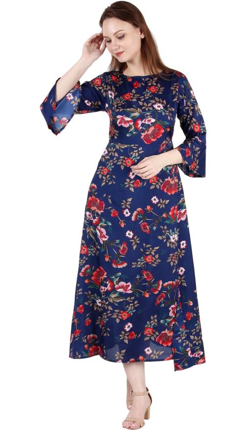Buy HUNOOR Womens Dark Navy Printed Crepe Straight Gown Online at Best ...