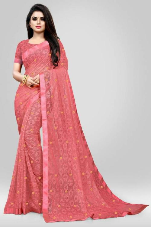 Buy VANRAJ CREATION Women Peach Self Design Net Saree Online at Best ...