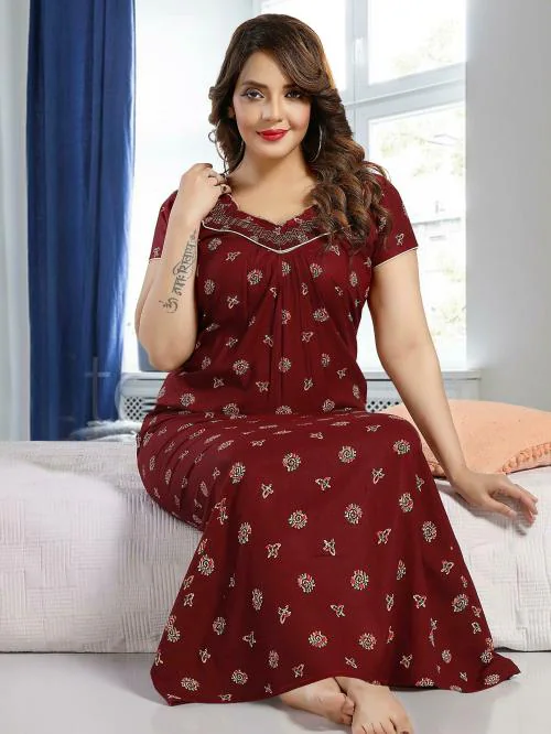Buy TRUNDZ Printed Free Size Pure Cotton Nighty(Maroon) Online at Best ...
