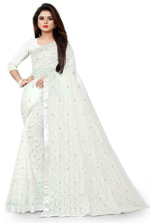Buy VANRAJ CREATION Women White Self Design Net Saree Online at Best ...
