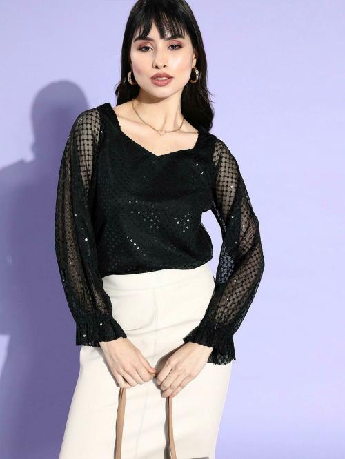 Buy Style Quotient Women Black Sweetheart Neck Net Sequinned Top Online ...