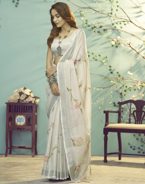 Buy Satrani Cotton Linen Blend Grey Color Saree with Blouse piece ...