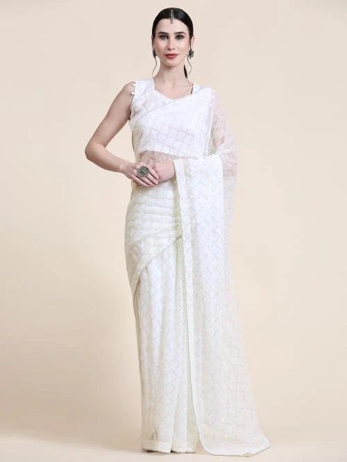 Buy VEDICPRIME Women White Embellished Checkered Georgette Bollywood ...