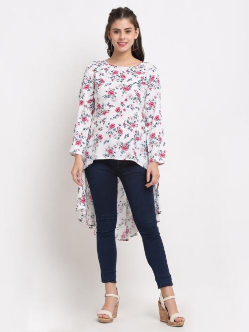 Buy BRINNS Women White & Pink Floral Print Longline High-Low Top Online ...