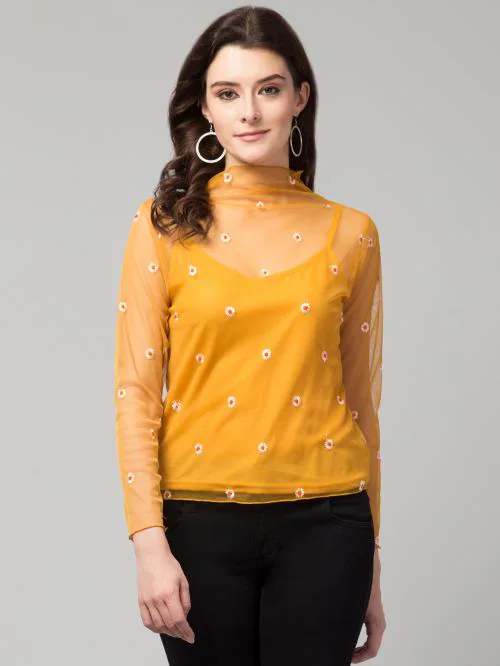 Buy StylzIndia - Embroidered High Neck Mesh Top - Mustard - M Online at ...