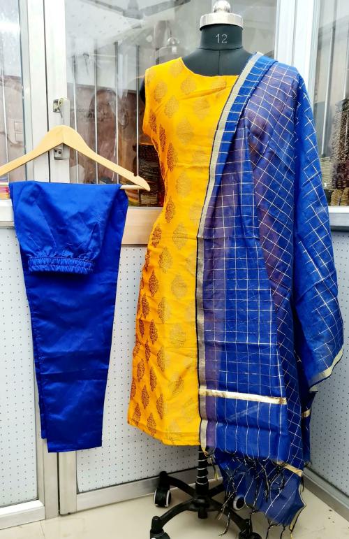 Buy Eilara Women's Silk Blend Yellow Straight Kutra, Pant with Dupatta ...