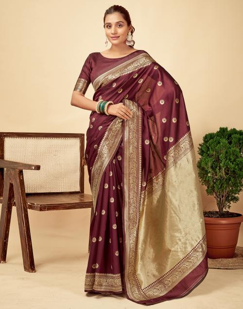Buy Siril Silk Blend Maroon Color Saree with Blouse piece Online at ...