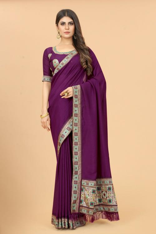 Buy SWIFFIN New Releases Vichitra Silk Banarasi Purple Saree For Women ...