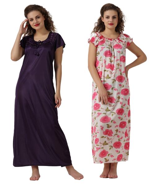 Buy LOOK PLUS Women Honeymoon Nighty Set / purple pink print Sleepwear ...