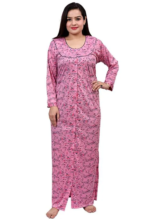 Buy NACNO Women's Hosiery Cotton Front Open Nighty/Maxi/Nightgown Pink ...