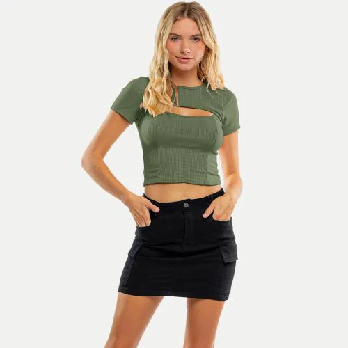 Buy Rad Prix Women Olive Ribbed Front Cut Out Crop Top Online at Best ...