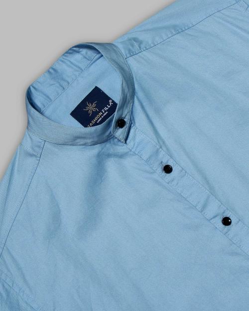 Buy Jobber Plain Casual Sky Blue Kurta Collar Shirt with Black Button ...