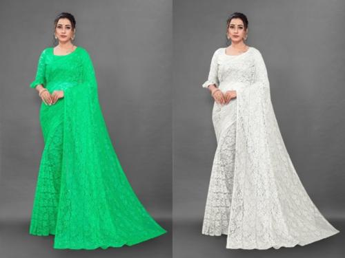 Buy Fashion Field Women Light Green and White Self Design Net Saree ...