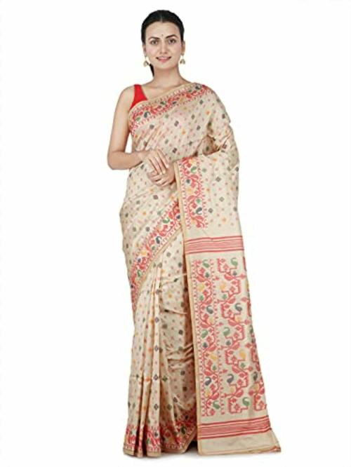Buy PinkLoom Women Beige Solid Pure Silk Jamdani Saree with Blouse Piece Online at Best Prices ...